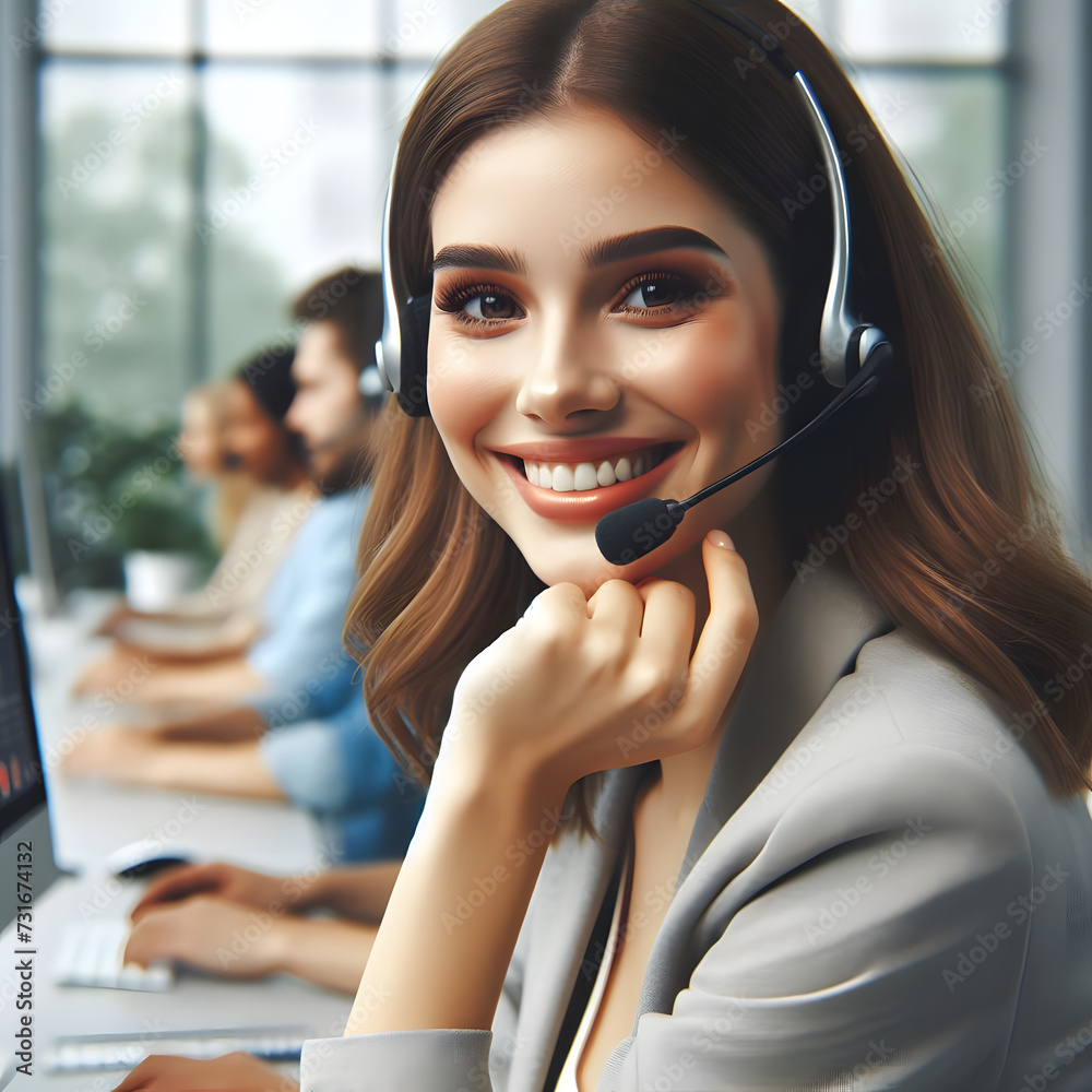Call center, young woman and smile in contact us with CRM, headset with ...