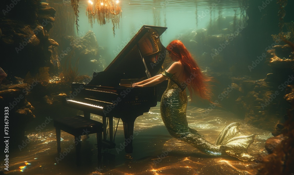 Beautiful mermaid playing the piano in the underwater world. Fantasy ...