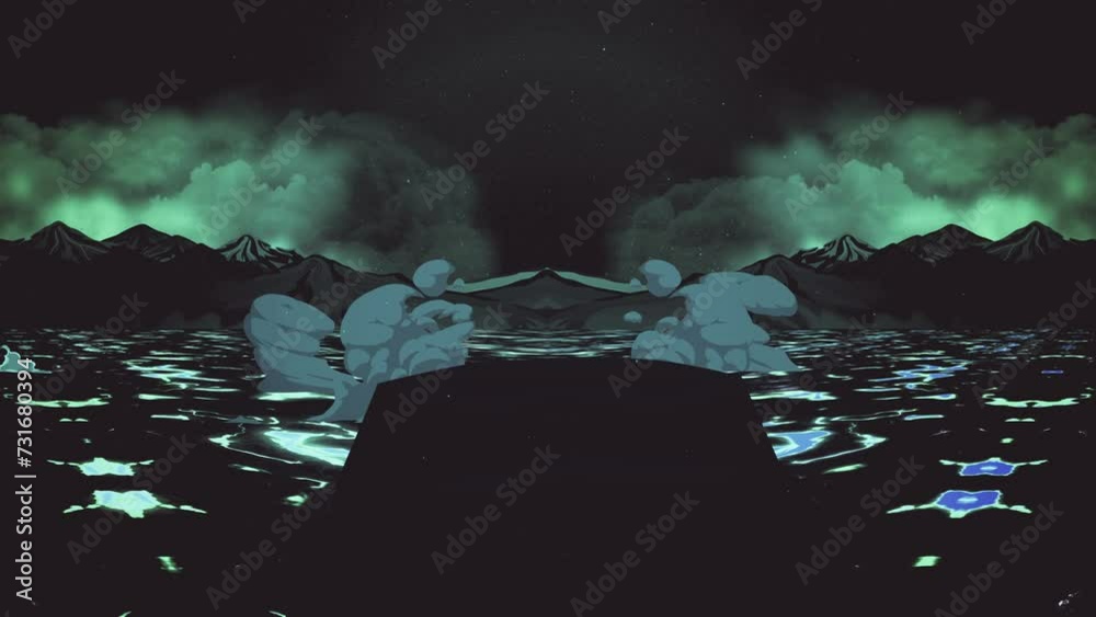 Animation of xanadu lava flow in desert island. Cartoon background of ...