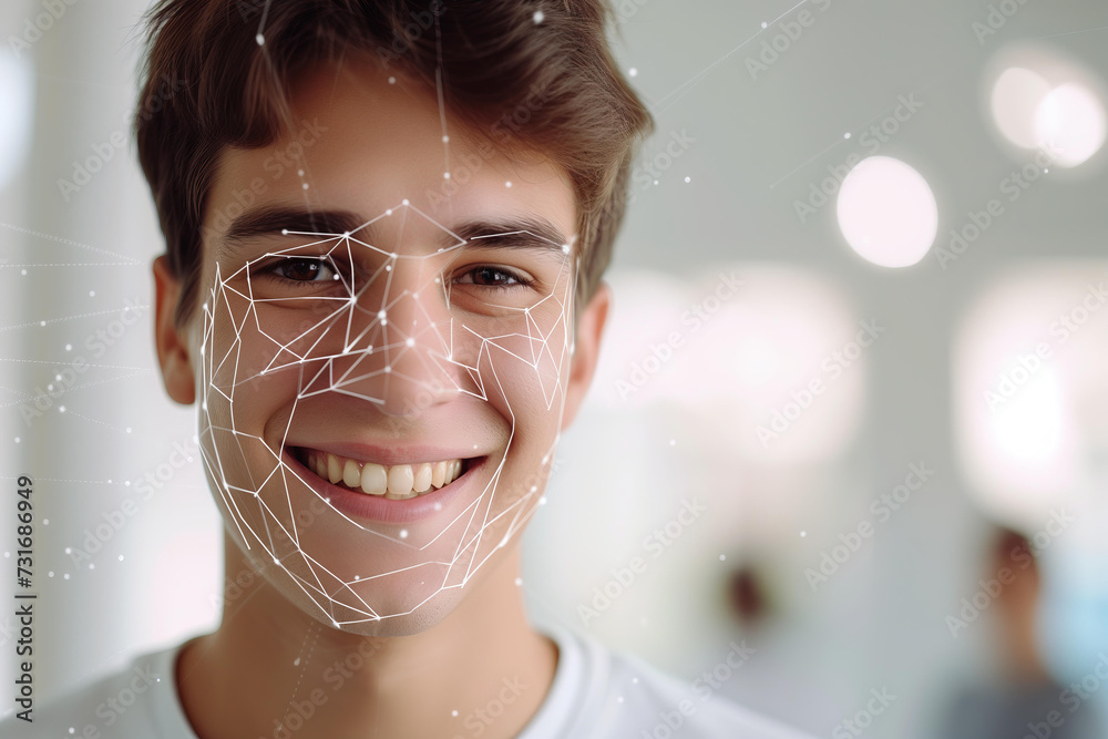 beautiful man smiling face being recognized by facedetect algorithm ... beautiful man smiling face being recognized by facedetect algorithm ...