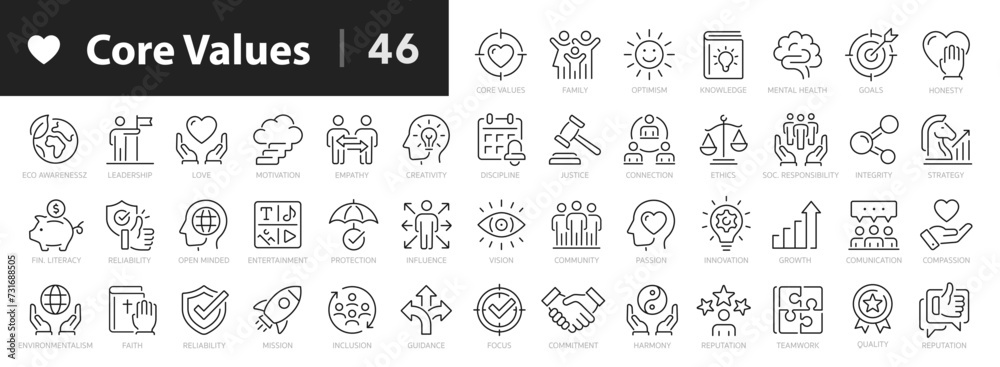 Core values line icons set. Basic values of a person and society ...