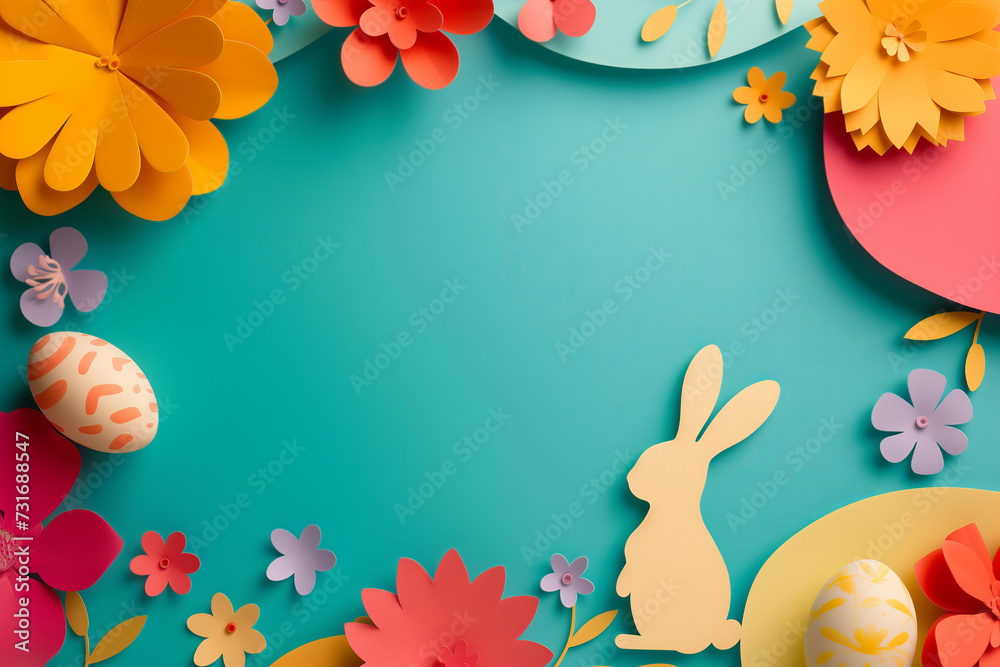 paper cut style easter greeting card border frame with bunny, flowers ...