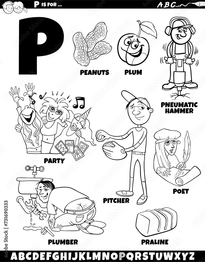 Letter P set with cartoon objects and characters coloring page Stock ...