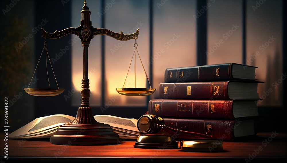 AI generated illustration of a classic justice scale sits atop a wooden ...