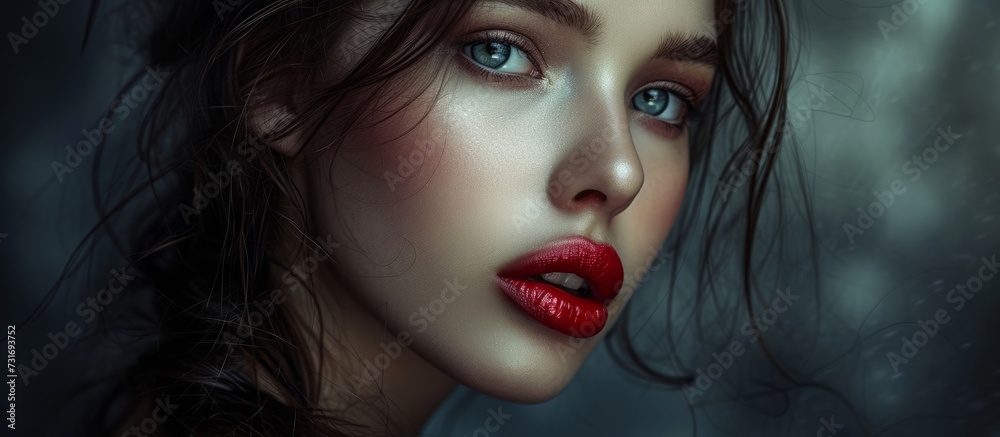An image featuring a woman's close-up with expressive red lips ...
