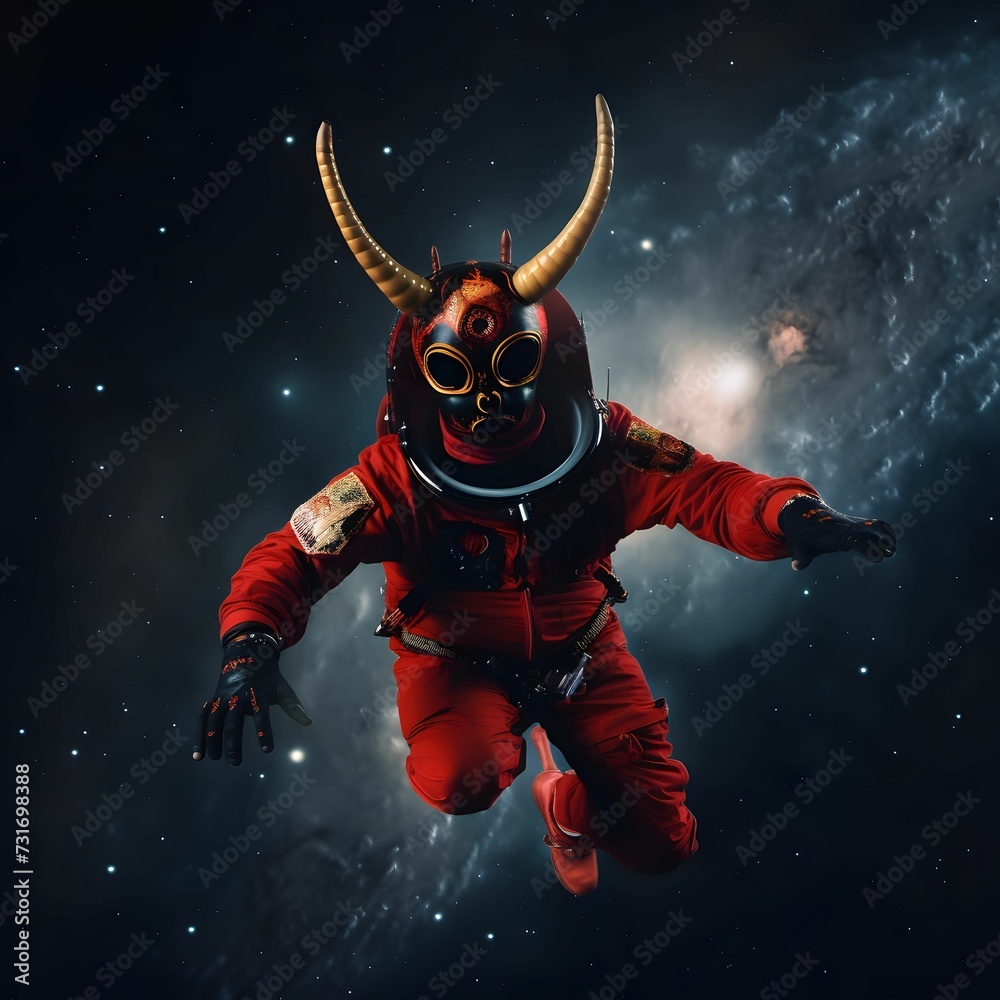 AI generated illustration of a scary astronaut with horns in a red space suit in the open space ...