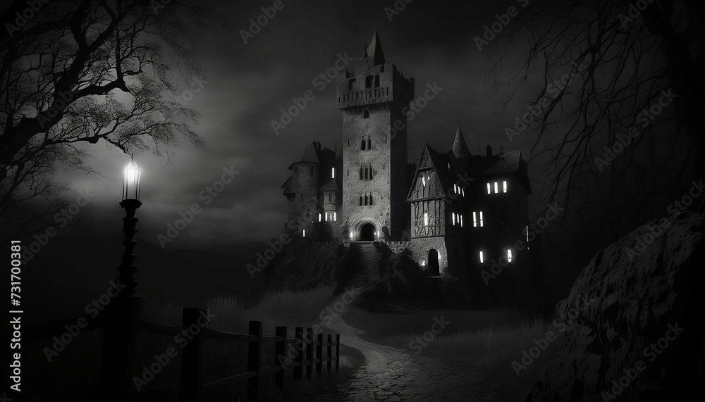 AI generated illustration of a majestic castle situated atop a hillside ...