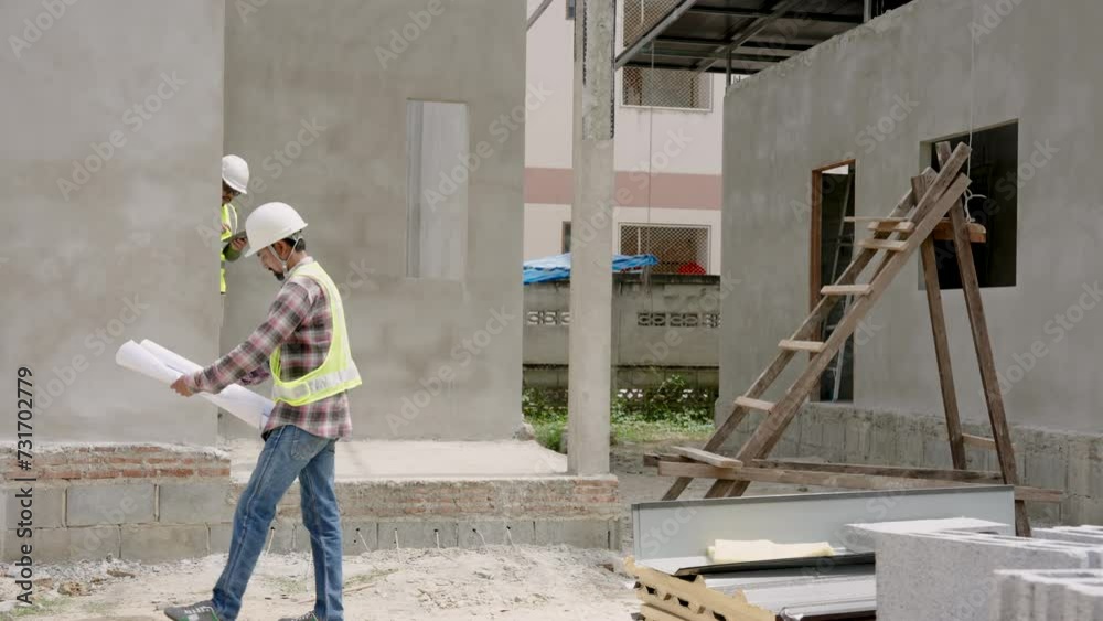 Vidéo Stock Asian architect and foreman inspecting the structure of a ...