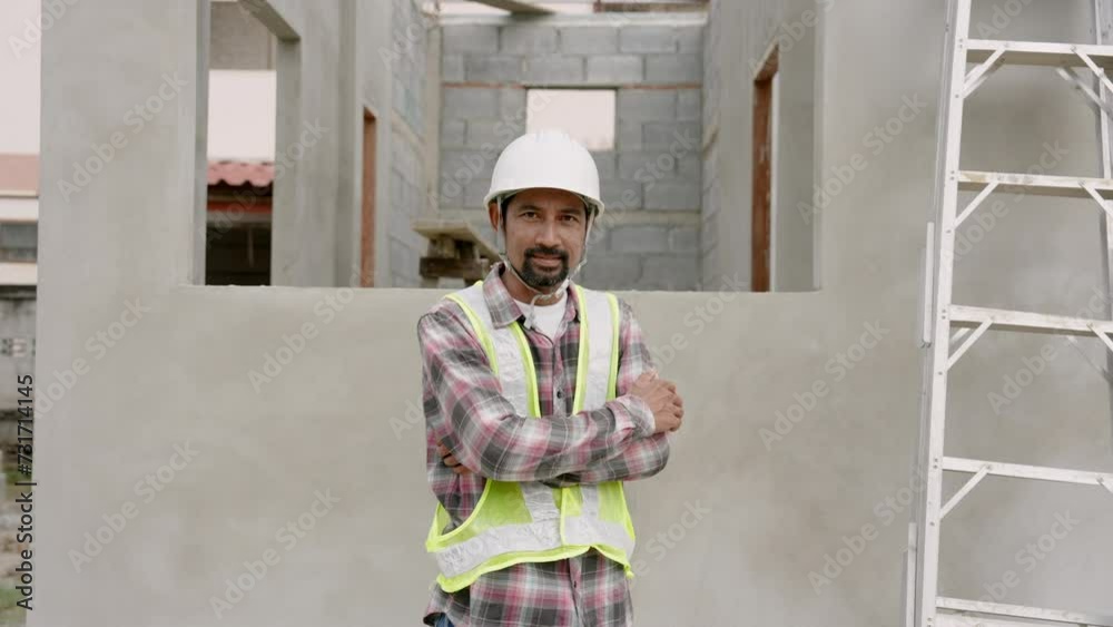Professional male construction worker stand in front unfinished cement ...