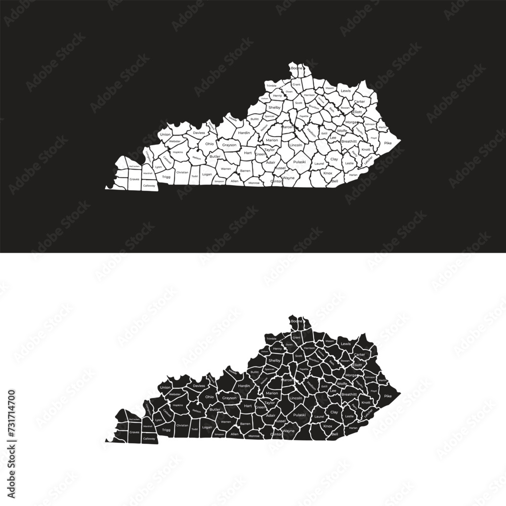 White Outline Counties Map of US State of Kentucky The Kentucky State ...