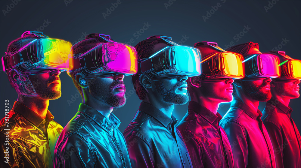 Peoples wearing vr glasses, headset, playing virtual games and watching ...