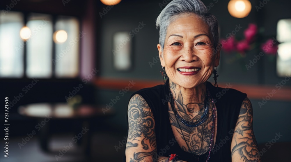 adult asian woman with gray hair and tattoo smiling. drawing on the ...