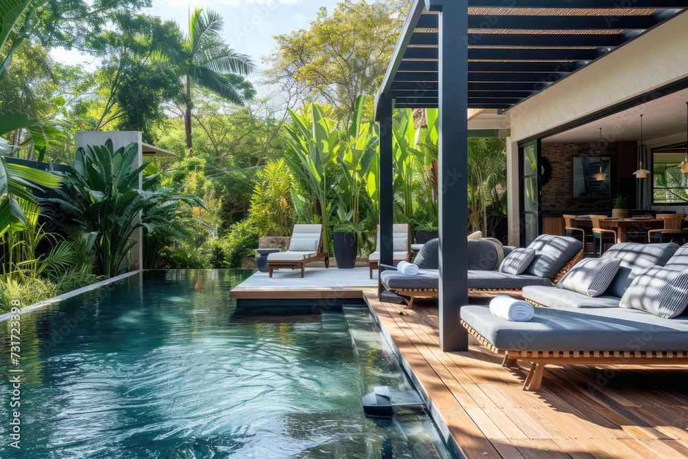 Interior design of a lavish side outside garden, with a teak hardwood ...