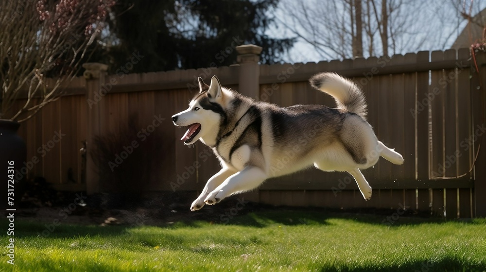 AI generated illustration of a Siberian Husky jumping high in the air ...