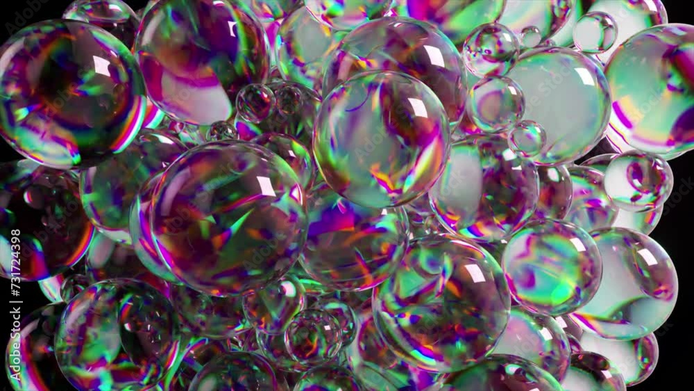 Mesmerizing 3D animation of iridescent bubbles, reflecting a spectrum ...