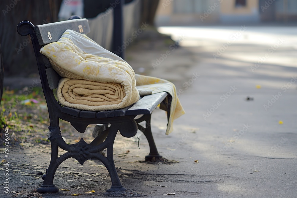 Street bench with folded blanket and pillow as concept for homelessness ...