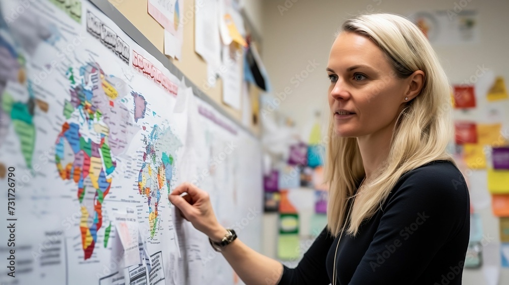 Female teacher standing in front of a wall-mounted world map during the ...