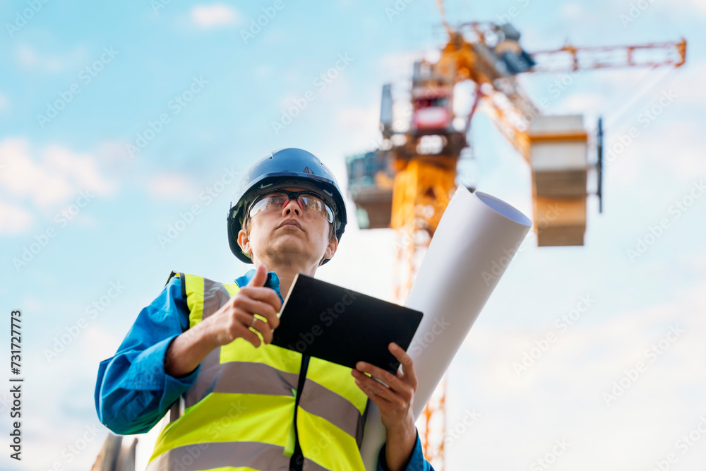 Female site engineer surveyor working with theodolite total station EDM ...