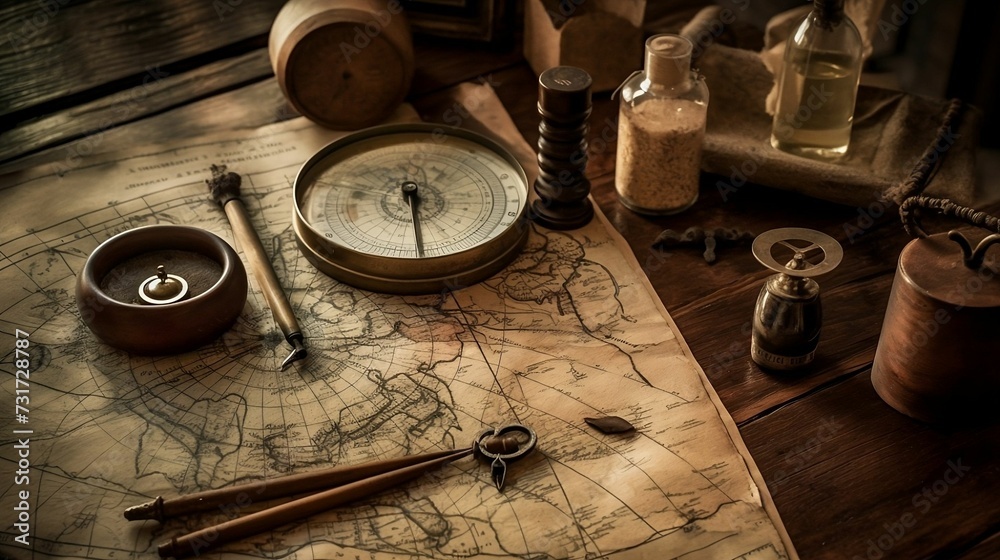AI-generated illustration of an old map of an unknown location with a ...