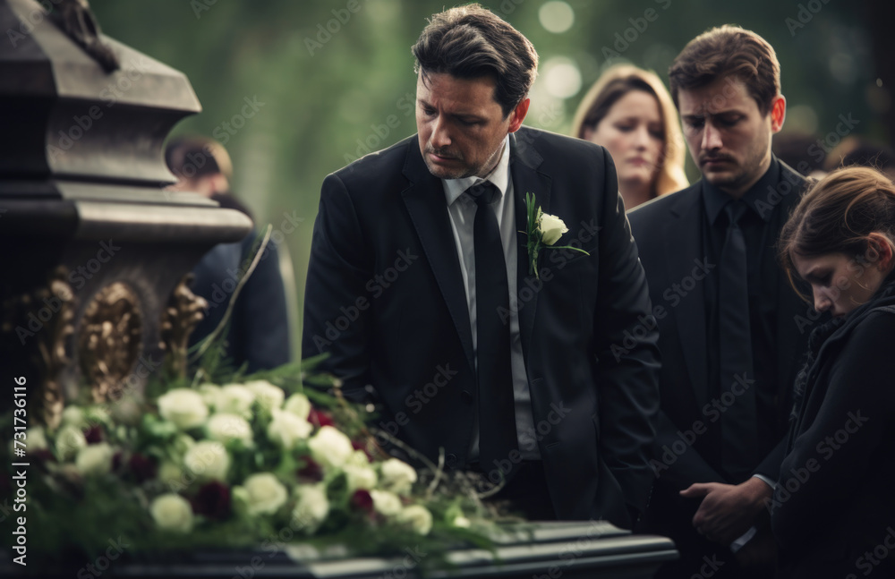 Death, funeral and family touching coffin in a church, sad and unhappy ...