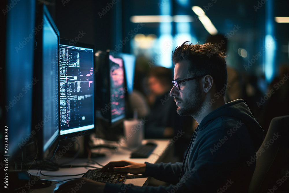 Experienced hacker in action breaking software protection server code Generative Ai image pic ...