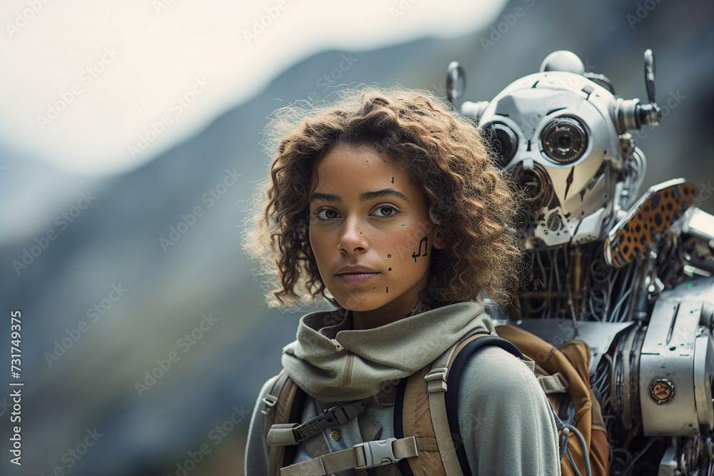 Humanoid robot like people of future Earth planet on camping conceptual ...