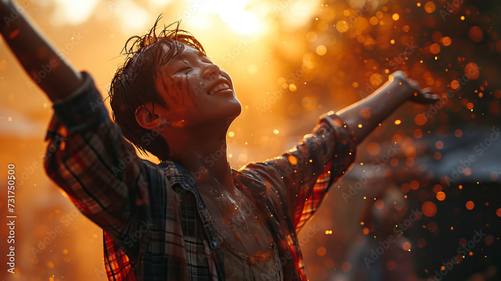 An Asian Man Stands with Arms Outstretched at a Fourth of July Party ...