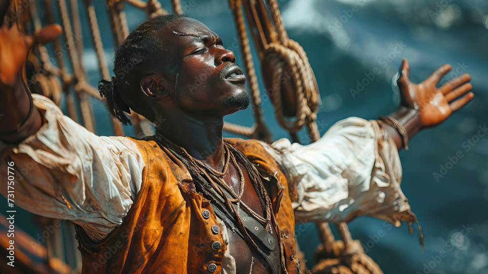 African American Man Stands with Arms Outstretched on a Pirate Ship ...