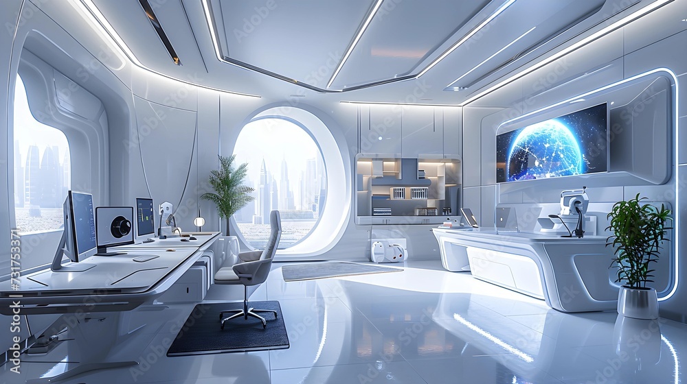 An ultra-modern office interior boasting sleek white design, advanced ...