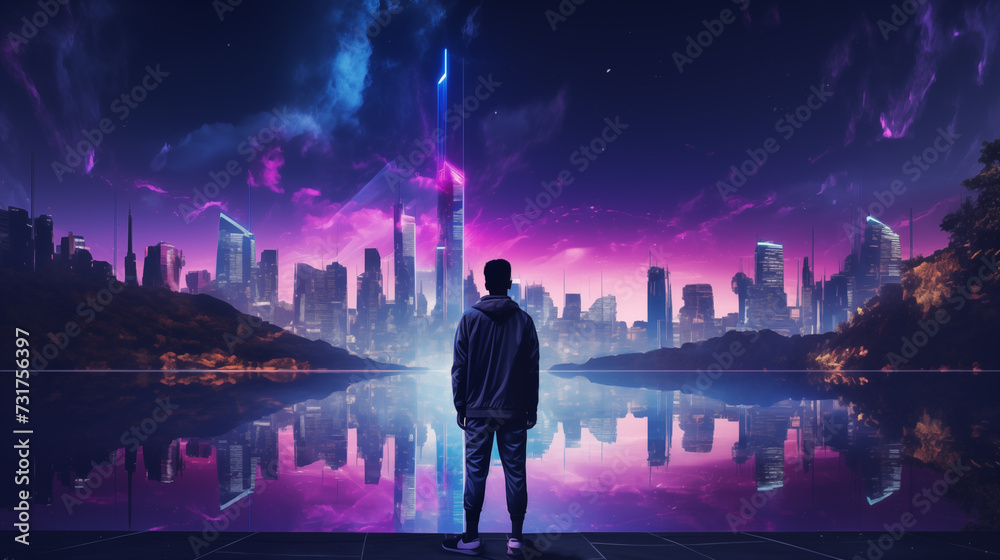 Beautiful synthwave male, boy in a nice looking clothes in a synthwave ...