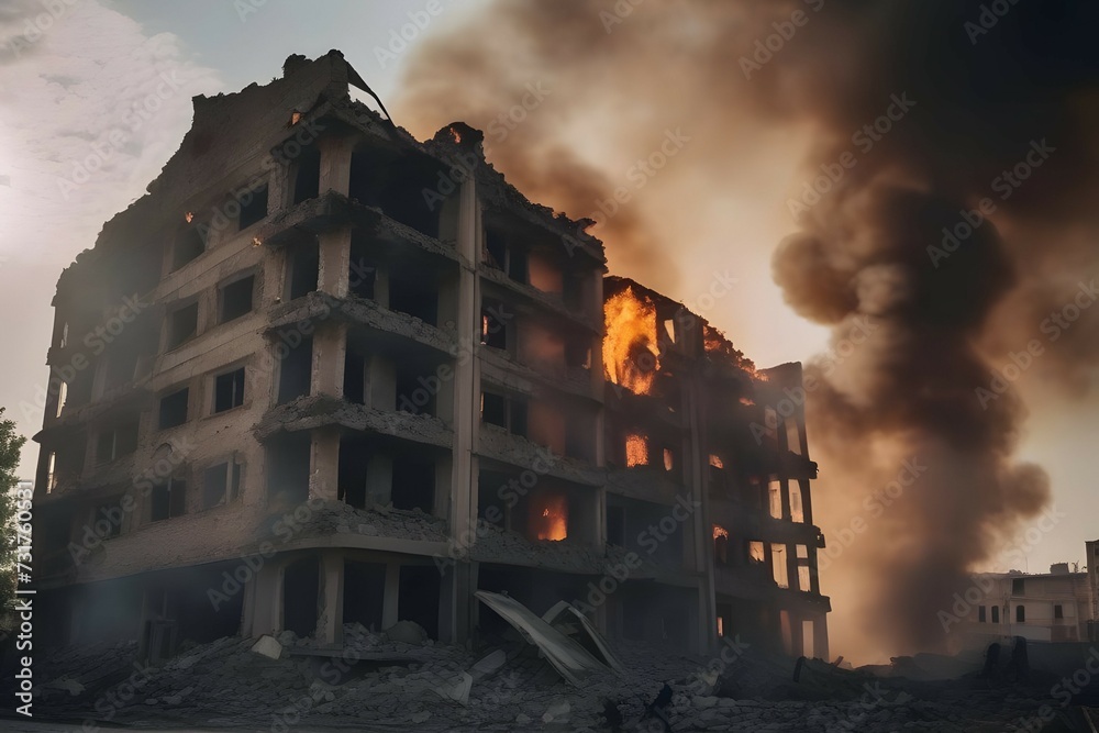 Burning ruins of destroyed houses in city from bombs or missile attacks ...