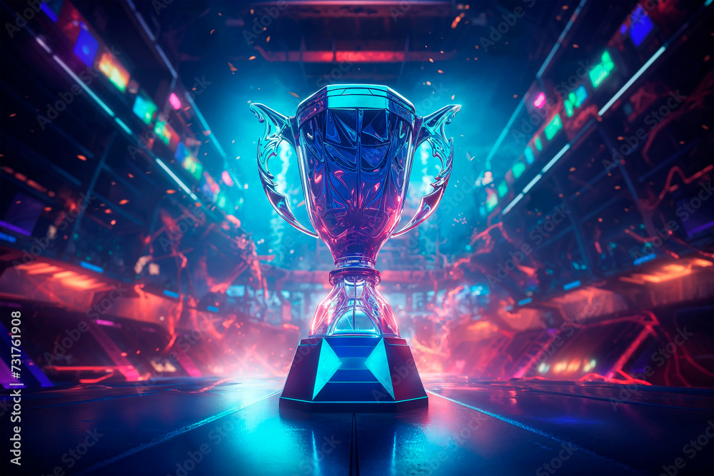 The esports winner trophy standing on the stage in the middle of the ...