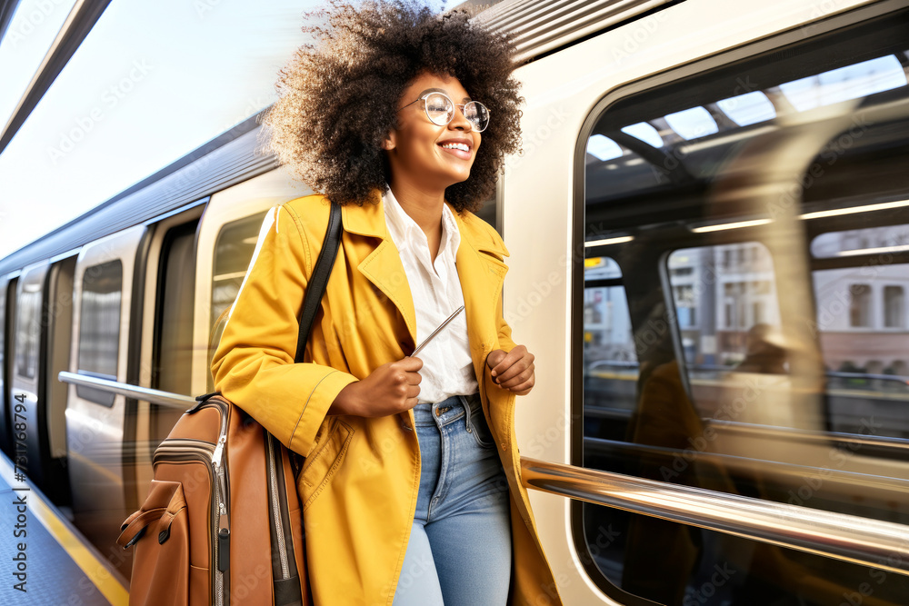 Cheerful smiling African American woman traveler hurries to board a ...