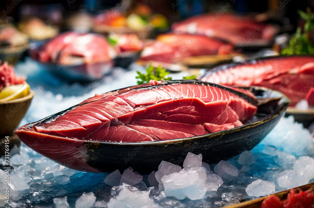 Fresh tuna seafood on crushed ice at fish market. Fresh frozen on store ...