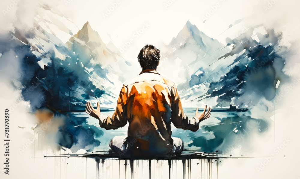 Artistic watercolor painting of a contemplative man meditating with ...
