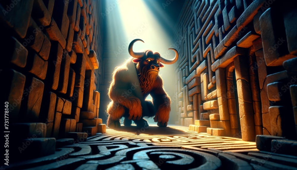 A whimsical animated art style depiction of a Minotaur waiting in the ...