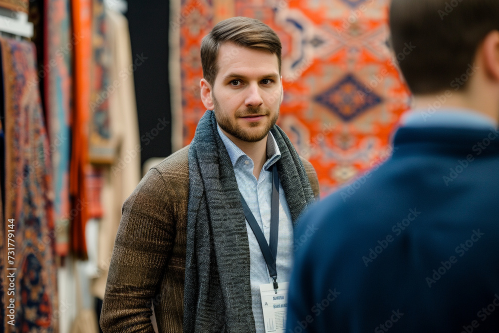 carpet salesman engaging with customers at a trade show or exhibition ...