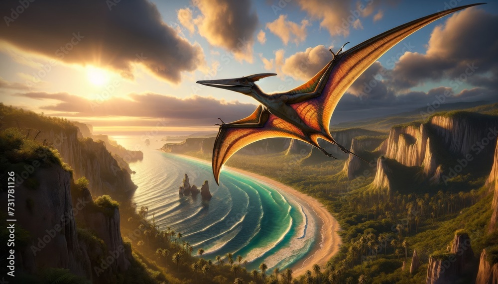 A Pterosaur soaring above a prehistoric coastline, the ancient flying ...