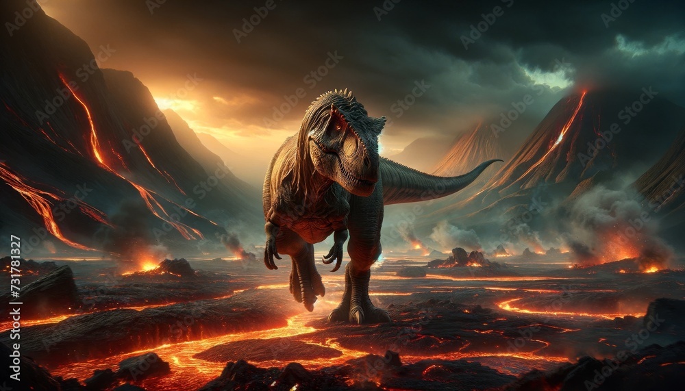 Poster A Carnotaurus stalking through a fiery volcanic landscape, the ...