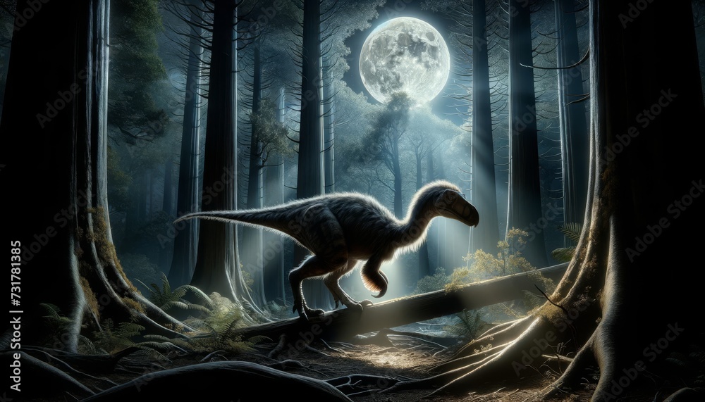 A Troodon exploring a nocturnal forest under a full moon, the dinosaur ...