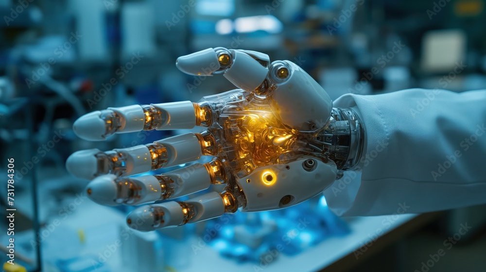 A highly sophisticated robotic prosthetic hand illuminated from within ...