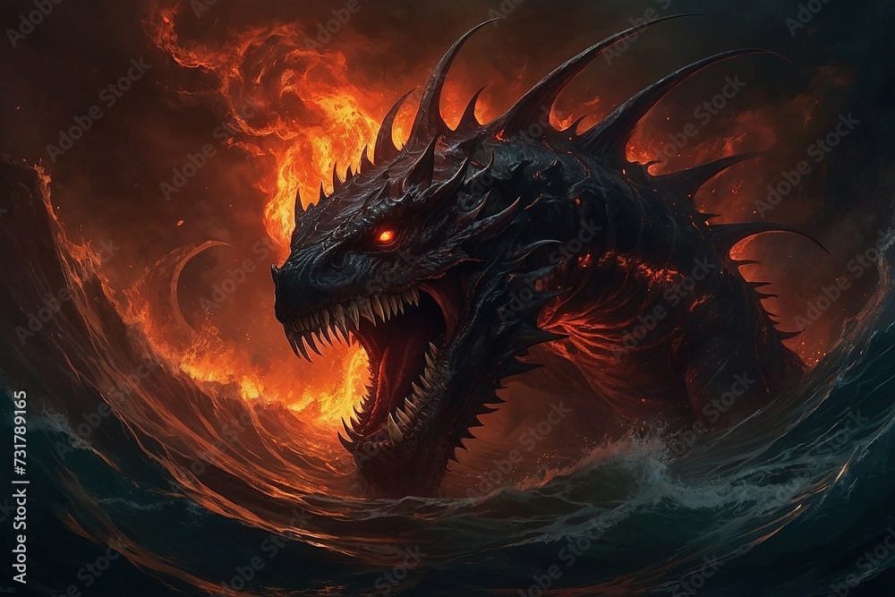 Beautiful Painting of Giant Dragon Monster in Water Background Stock ...