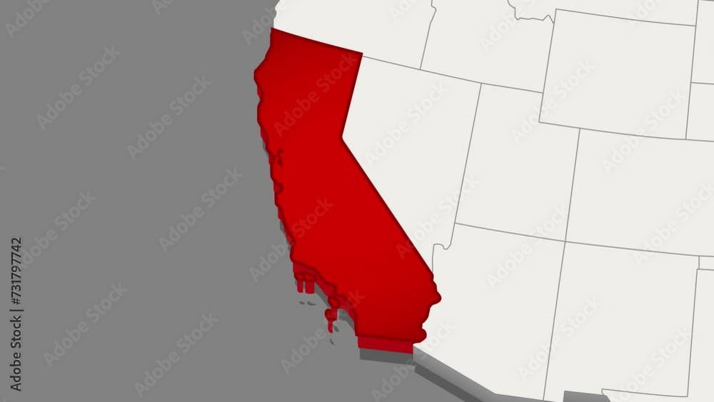 The state of California is highlighted and zom with name in red on a ...