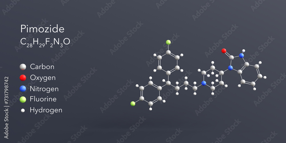 pimozide molecule 3d rendering, flat molecular structure with chemical ...