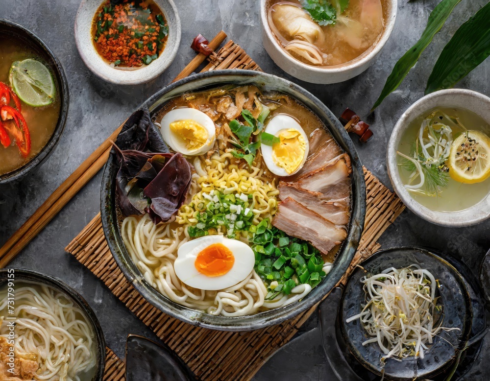 food shot, close up, a bowl of ramen top view with various toppings and ...