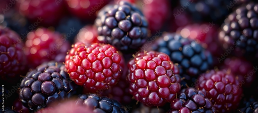 A stack of blackberries, a type of bramble fruit, is arranged on a ...