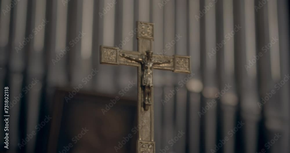 Slow motion bottom view of the cross. Bottom up scene of catholic cross ...