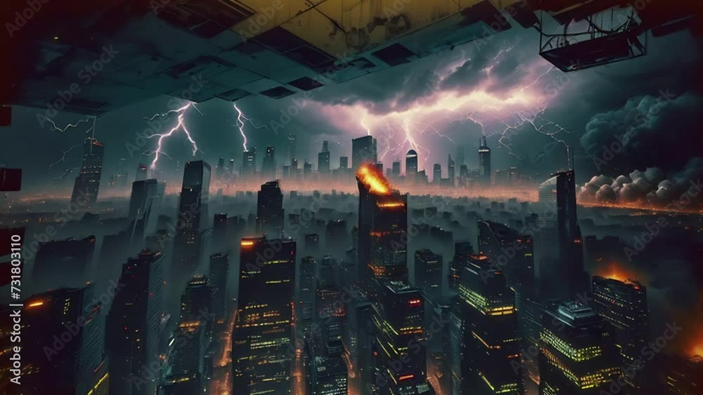 The apocalypse scene behind the ruined skyscapers and towers, lightning ...