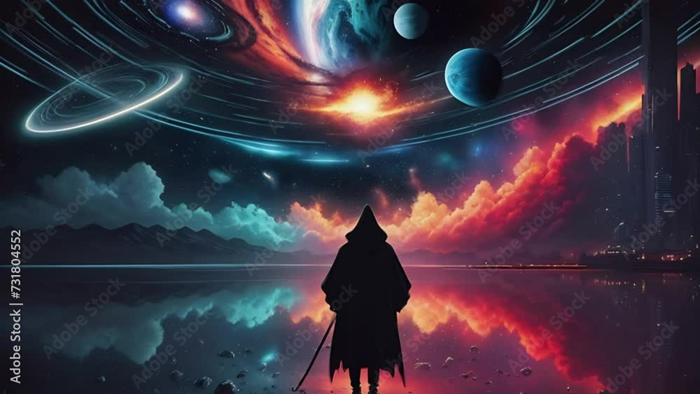 A black silhouette in a hooded robe on background of alien world ...