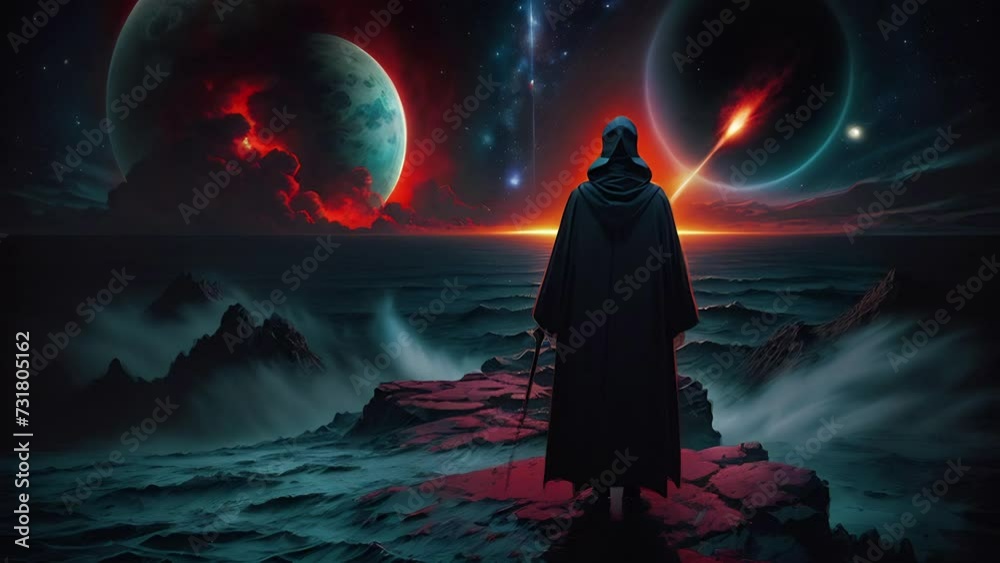 A black silhouette in a hooded robe on background of alien world ...